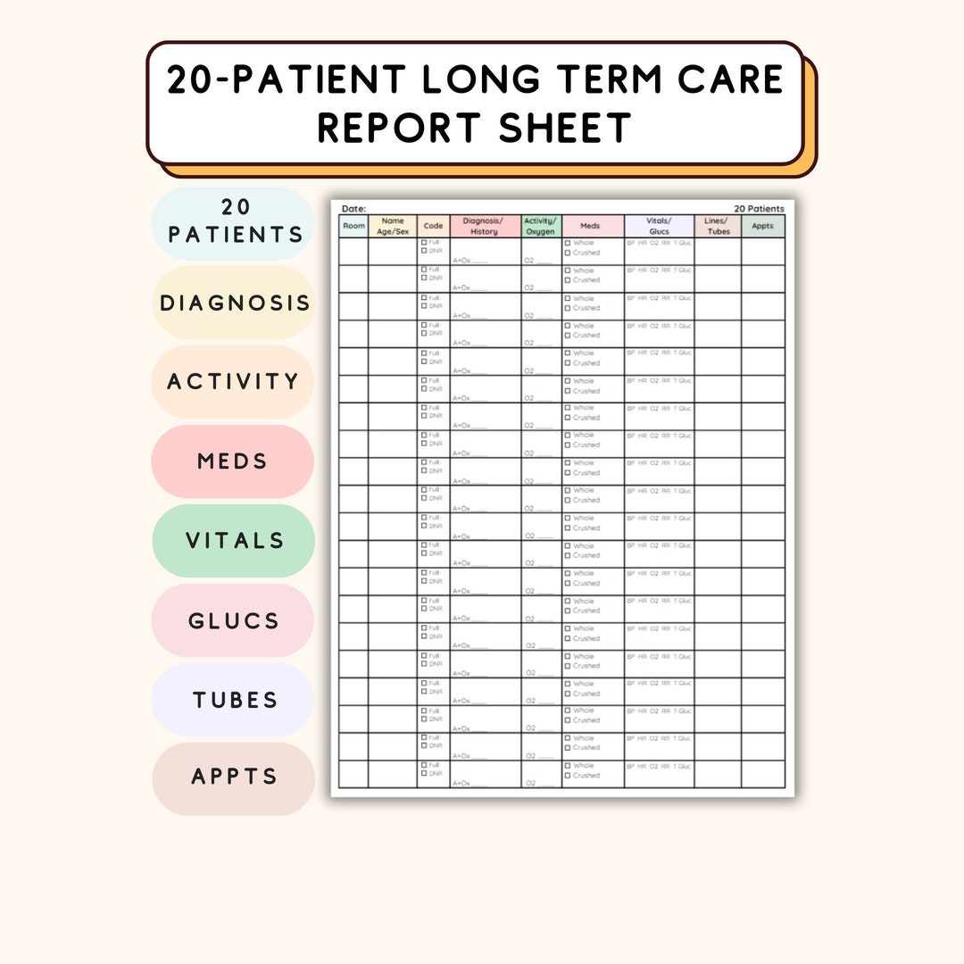 Long Term Care Patient Report Sheet for 20 Patient Long Term Care ...