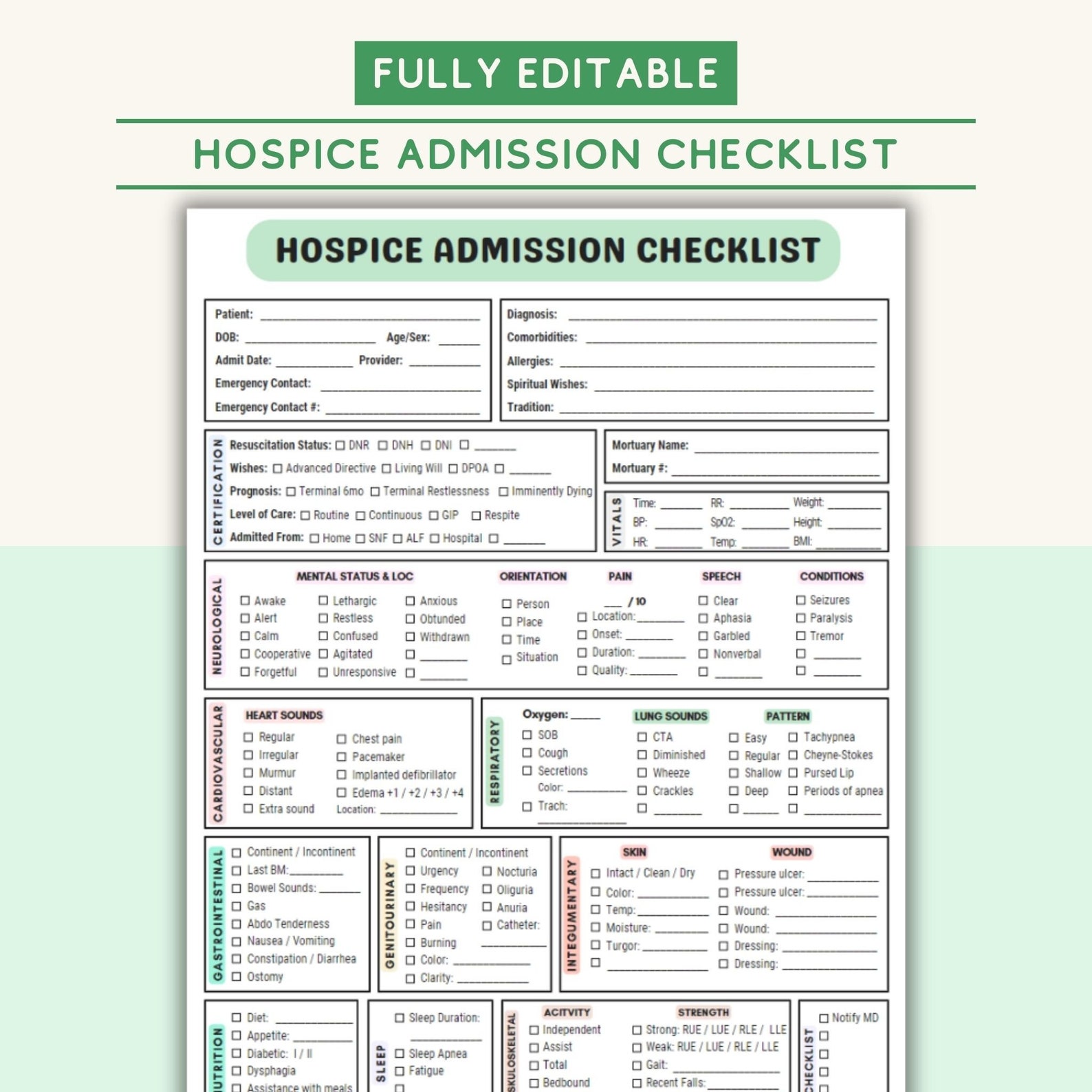 Editable Hospice Admission Checklist for Hospice Nurse Patient Sheet ...