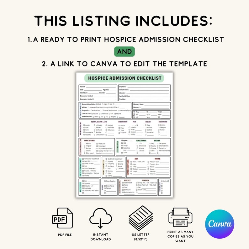 Editable Hospice Admission Checklist for Hospice Nurse Patient Sheet ...