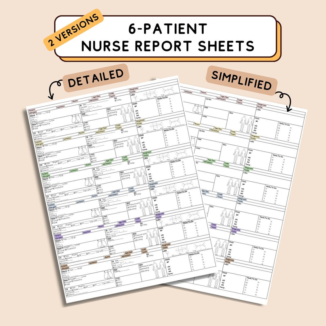 Nursing Report Sheet for 6 Patient Nursing Brain Sheet for New Grad ...