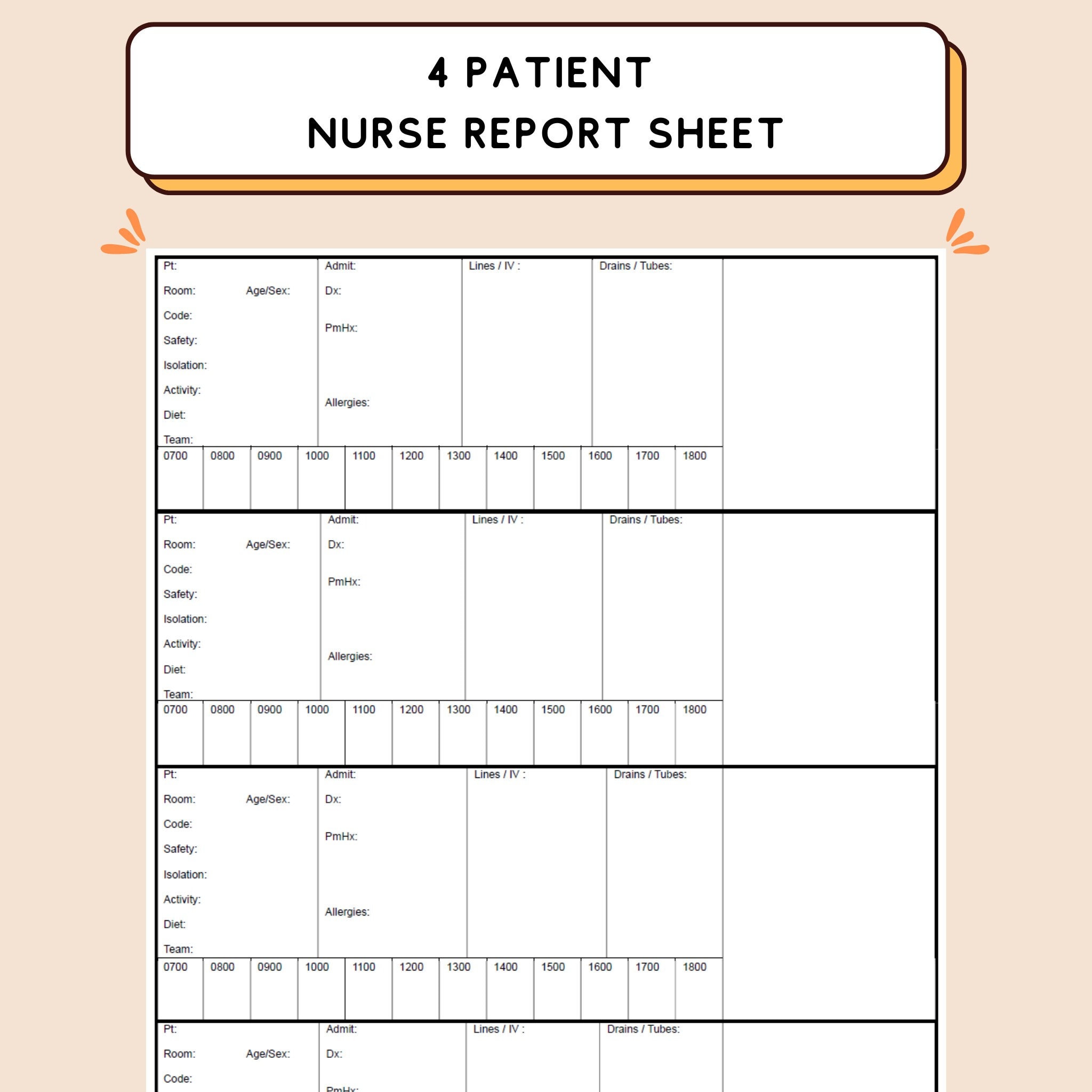 4 Patient Nursing Report Sheet for Nurse Cheat Sheet Nursing Brain Sheet ICU Medsurg Report ...