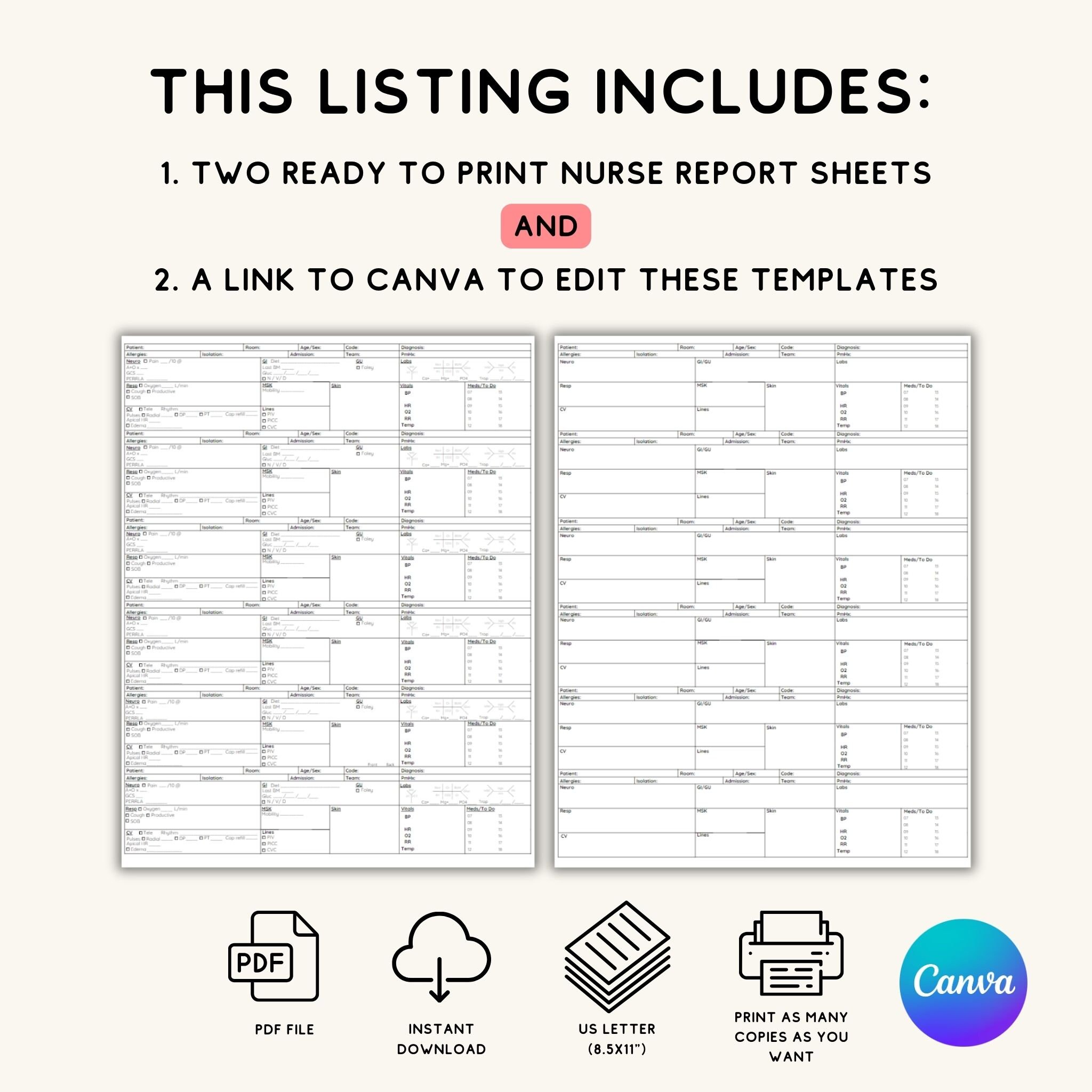 Editable Nursing Brain Sheet for Nurse Report Sheet for Nursing Cheat ...
