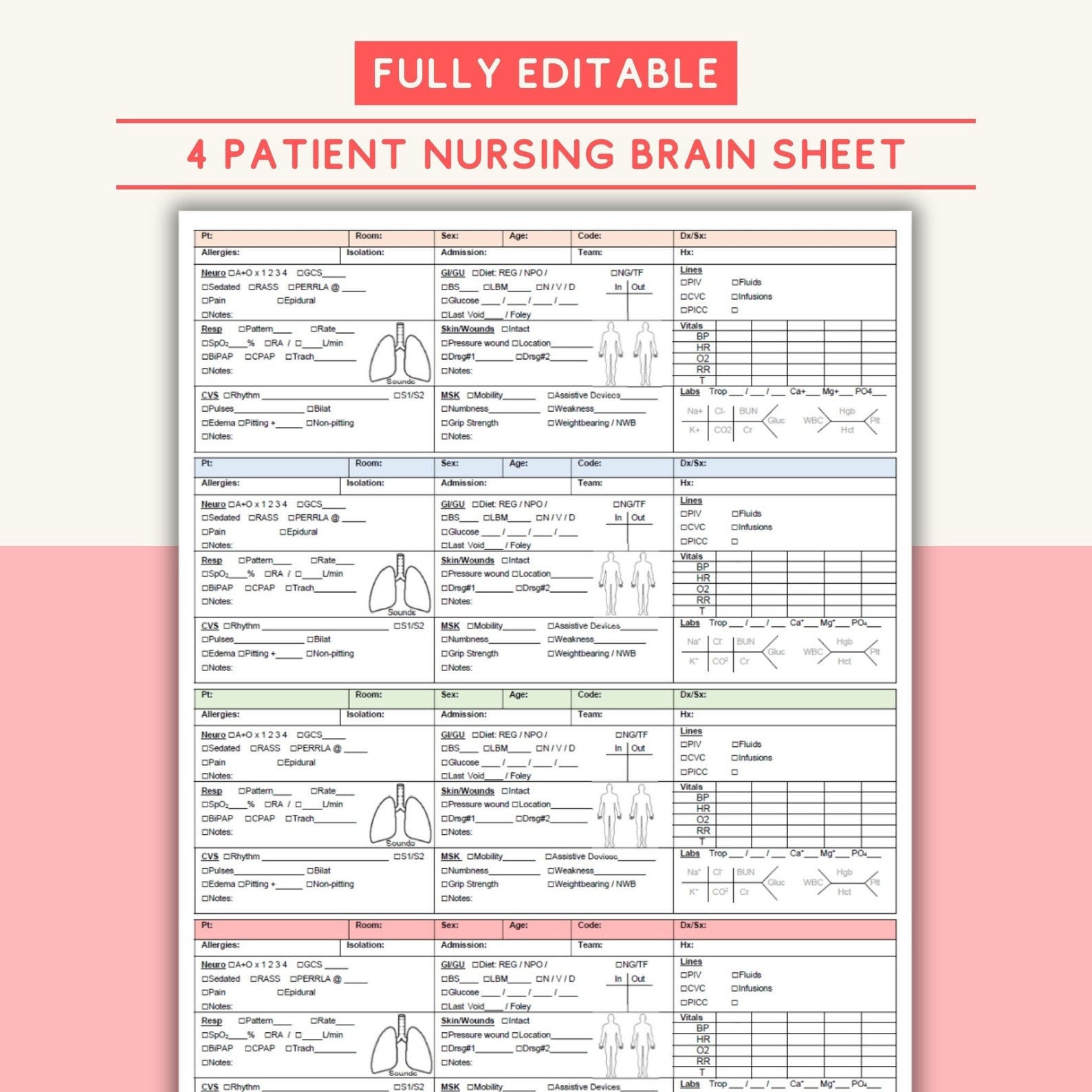 Editable Nursing Brain Sheet for Nurse Report Sheet for Nursing Cheat ...