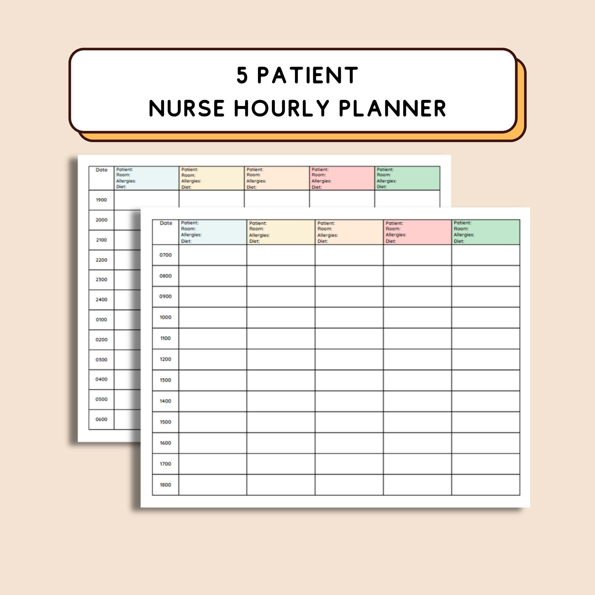 Nurse Hourly Planner for 5 Patient Nursing Hourly to Do for Nurse Shift ...