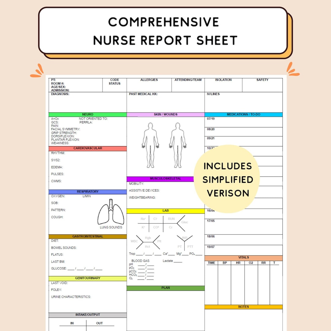 Nursing Report Sheet for Nurse Cheat Sheet Nurse Brain Sheet ICU ...
