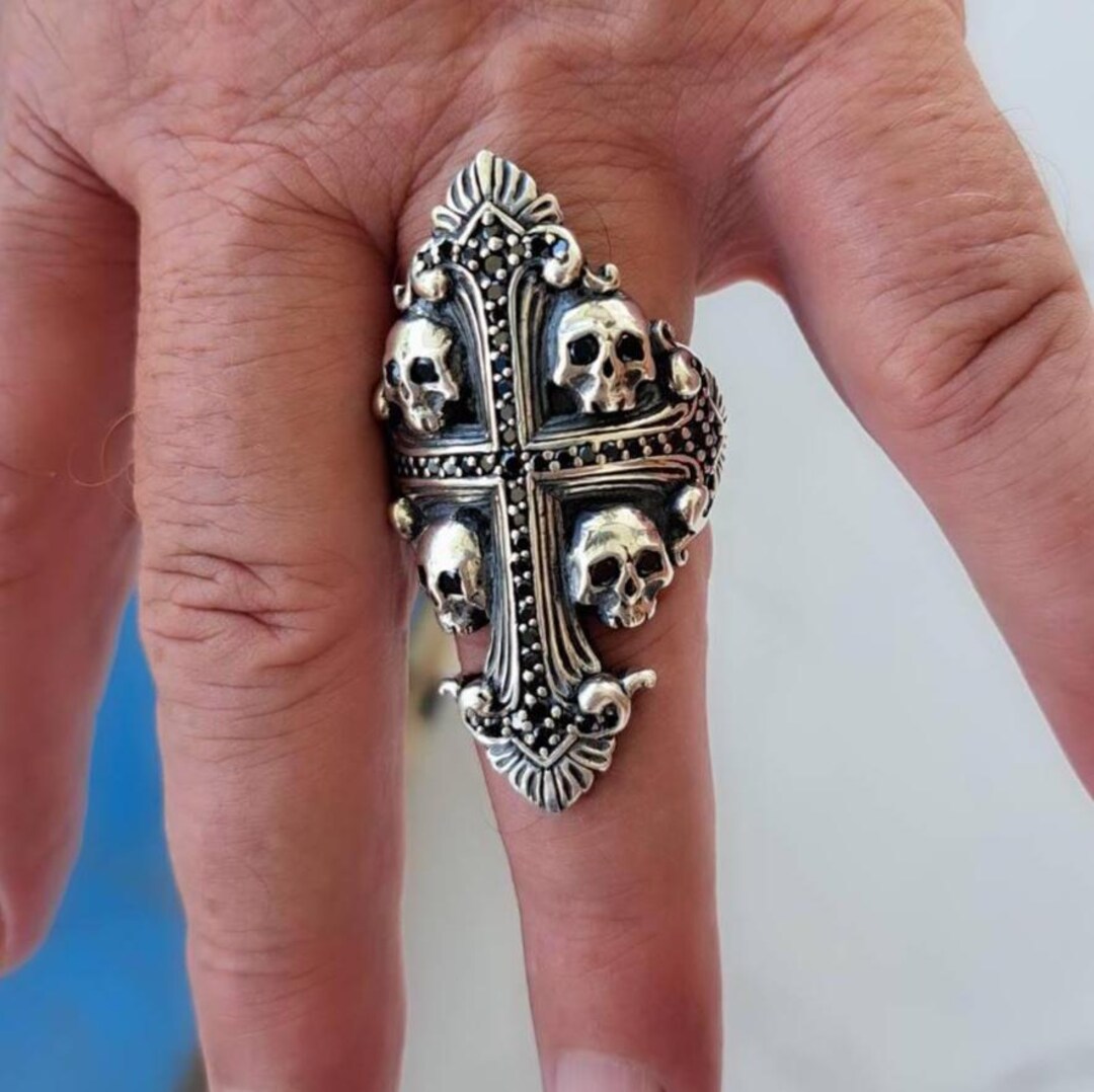 Sterling Silver Skull Cross Ring: Biker Style Onyx Ring - Etsy