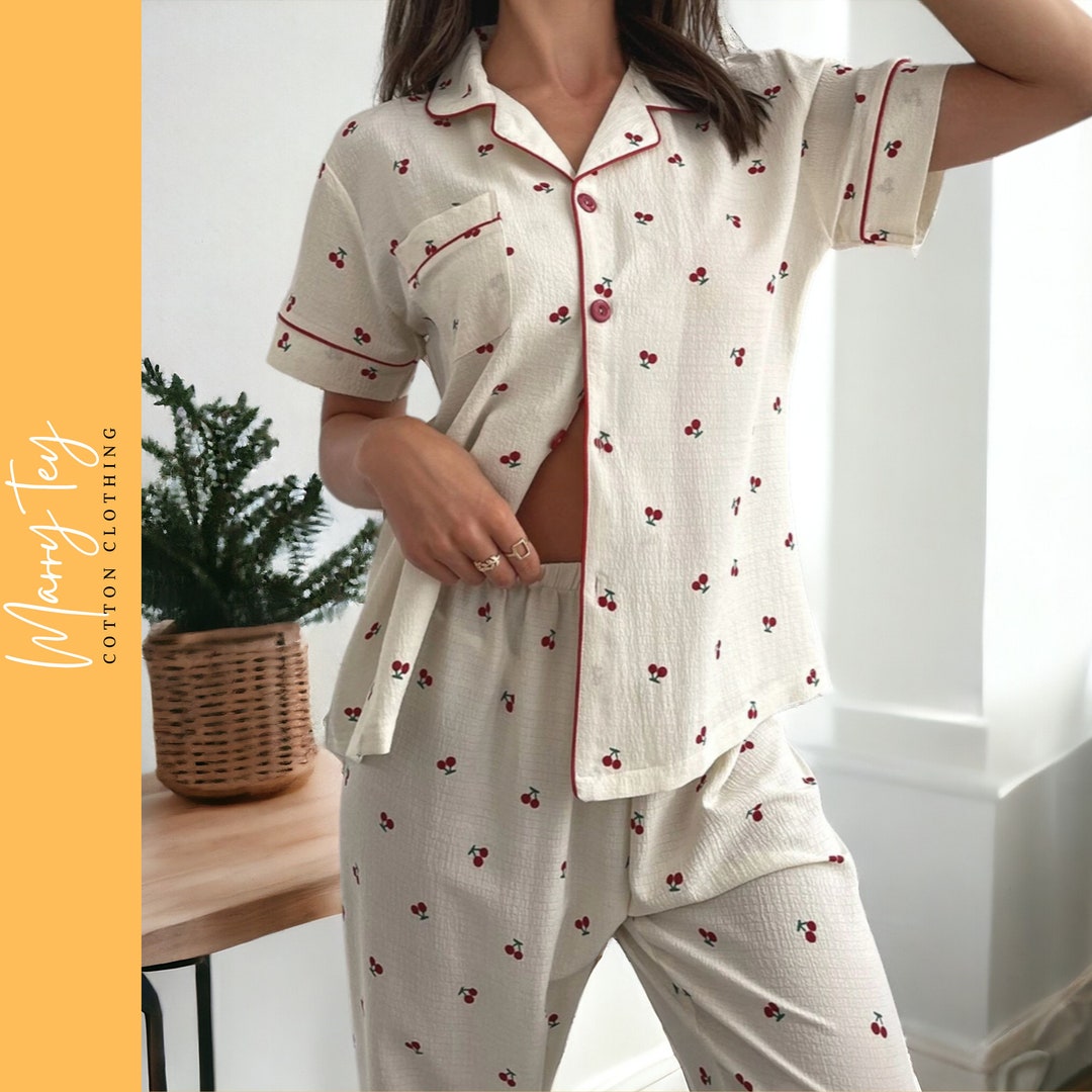 Women's Cherry Print Pajama Set With Short Sleeve Button Top Elastic ...