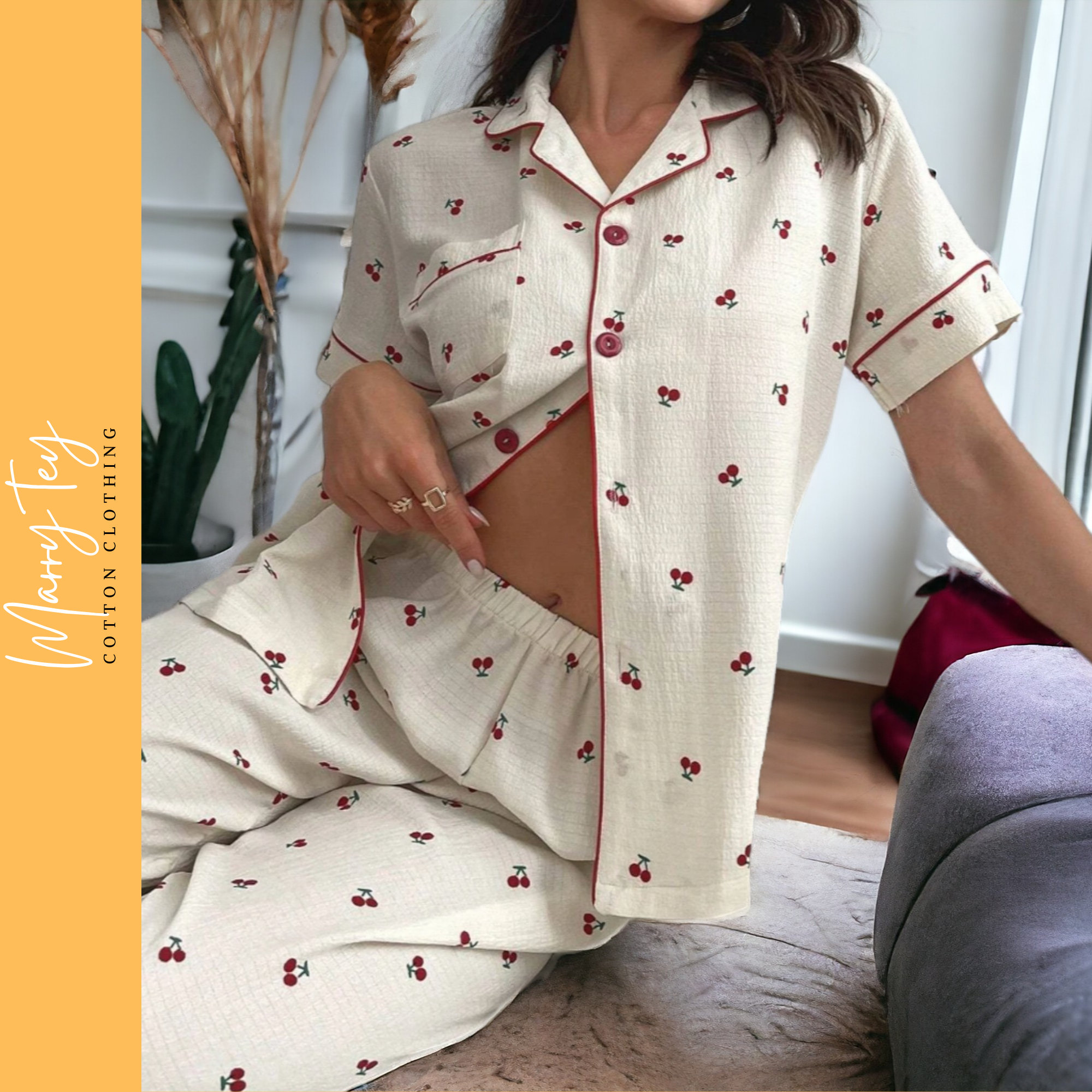 Women's Cherry Print Pajama Set With Short Sleeve Button Top Elastic ...