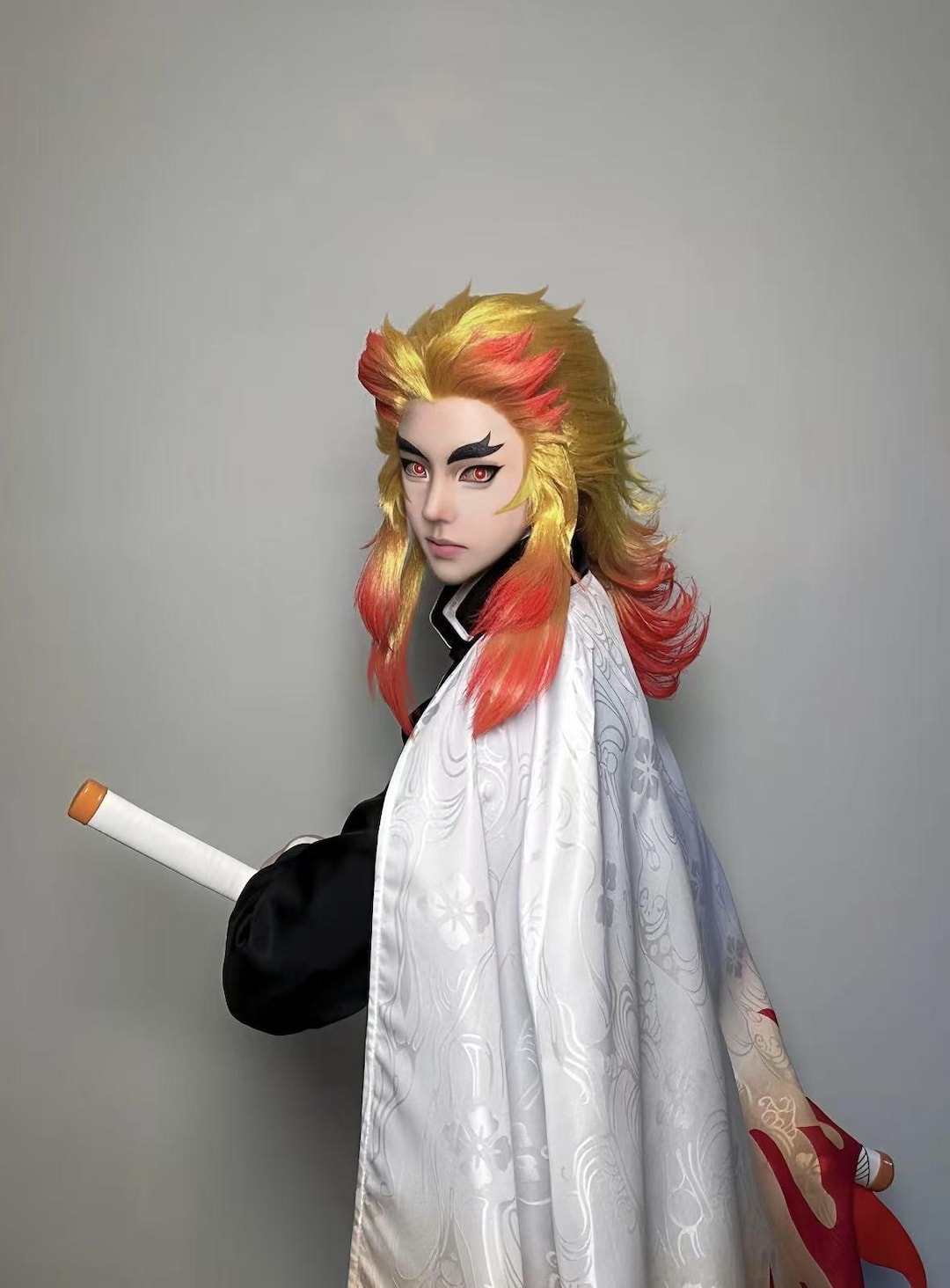 Fiery Rengoku Cosplay Wig – Flame-patterned Yellow and Red Synthetic ...
