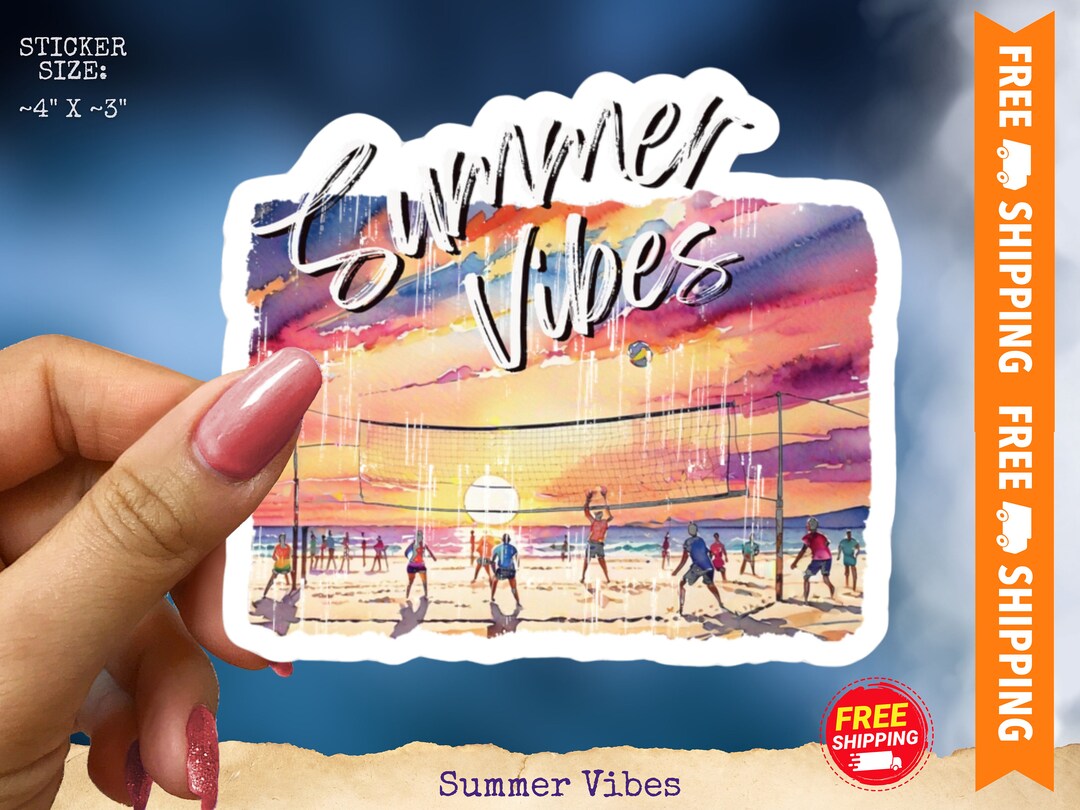 Summer Vibes Beach Volleyball Watercolor Artwork Sticker, Summer Fun ...