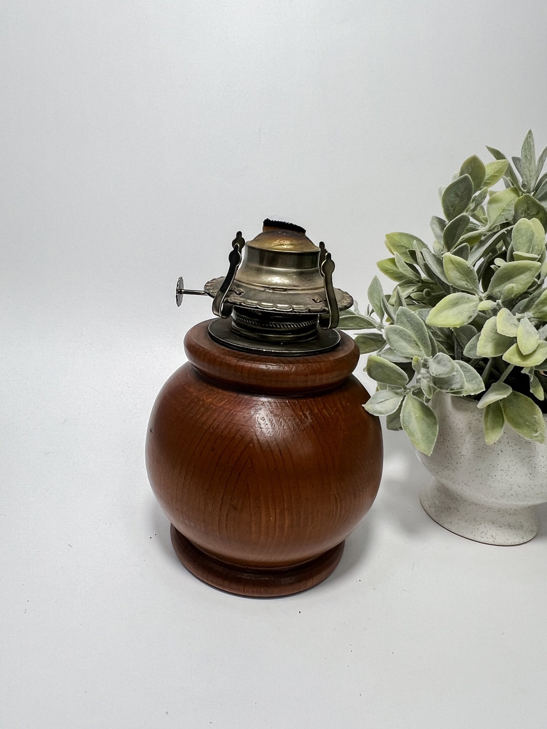 Vintage Primitive Wood Base Oil Lamp Has Metal Canister for Fluid. Wood ...