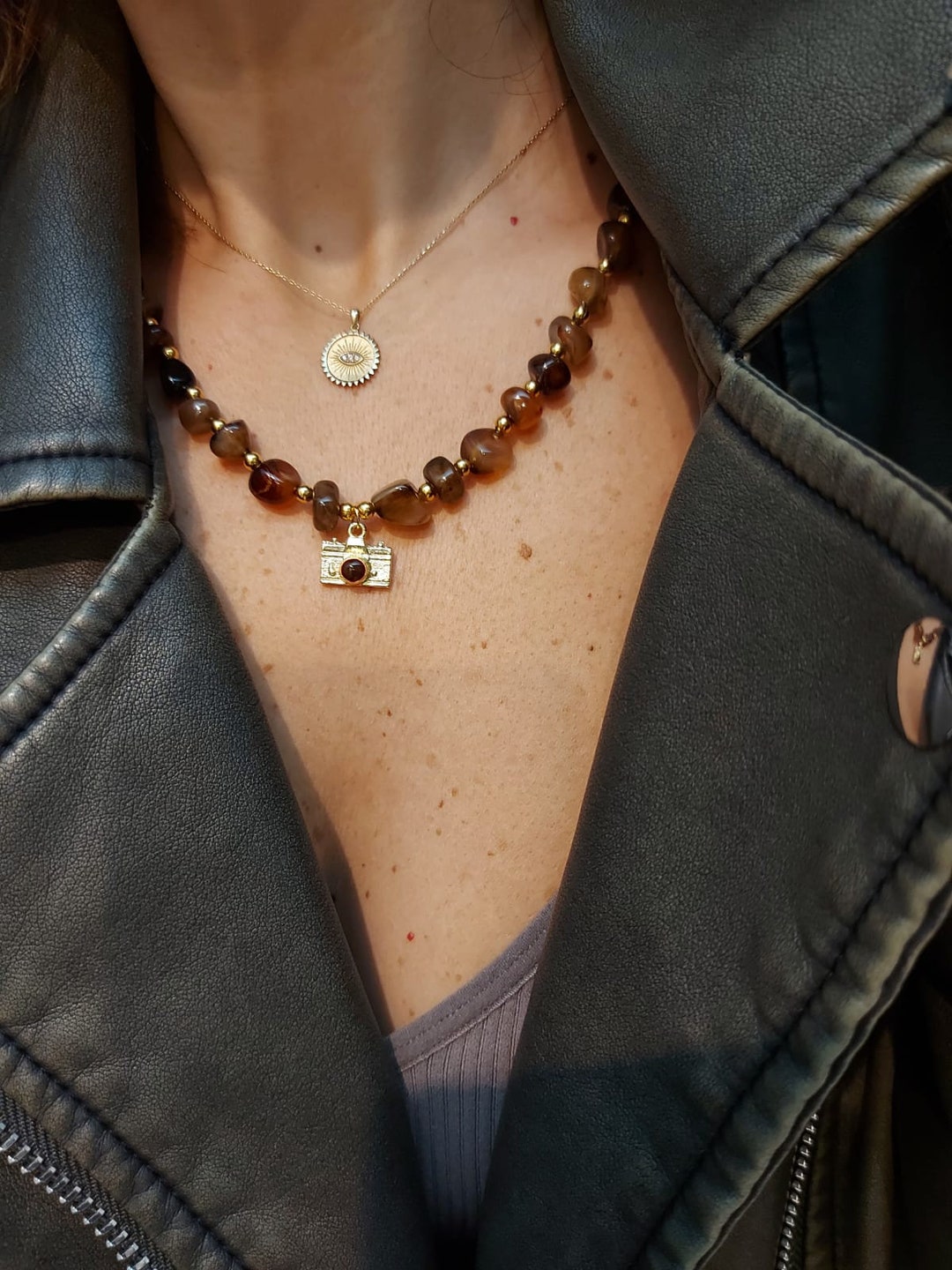 Akik Taşlı Kahve Rengi özel Tasarım Kolye 24 Ayar Altın Kaplama - Etsy