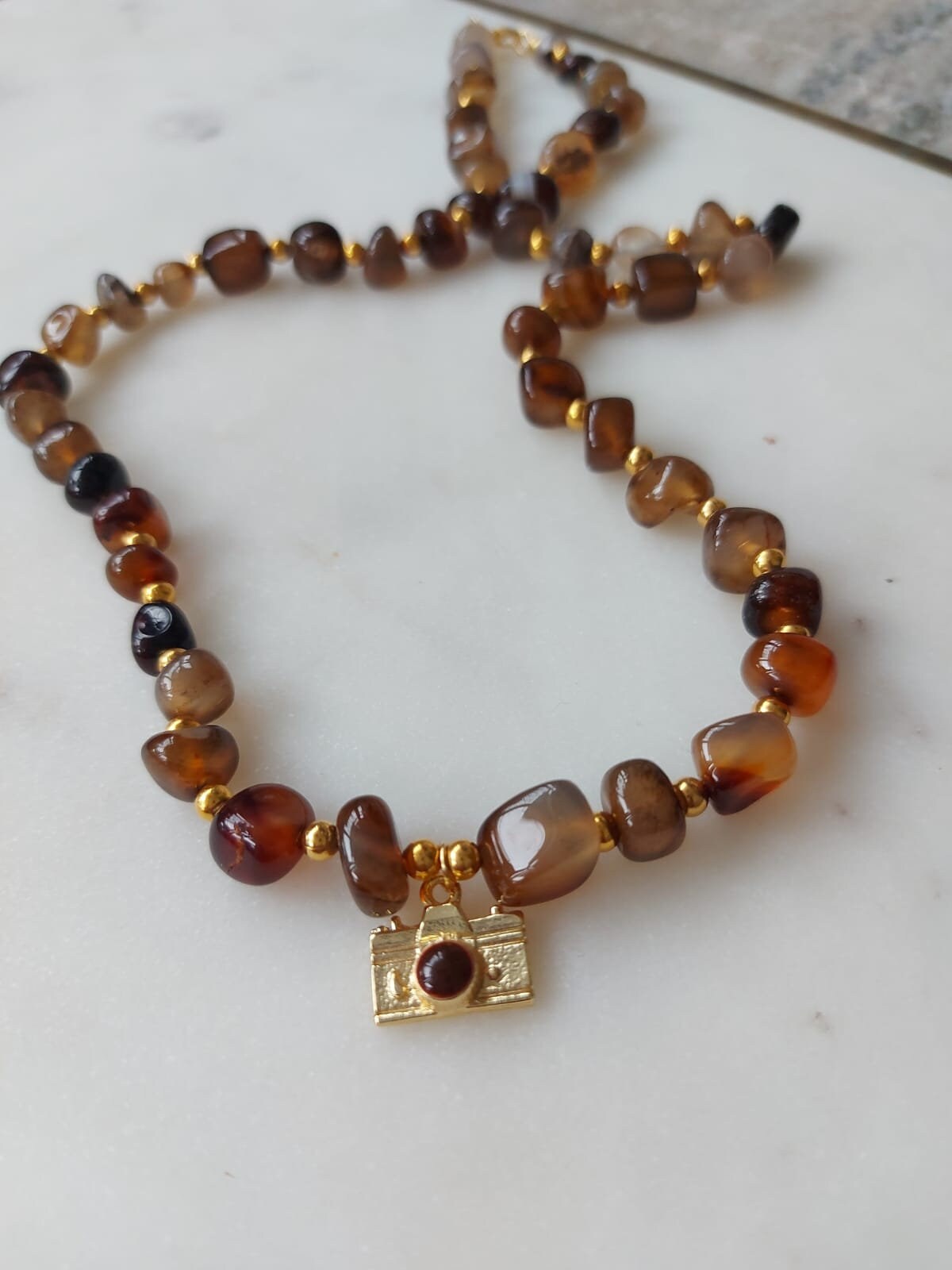 Akik Taşlı Kahve Rengi özel Tasarım Kolye 24 Ayar Altın Kaplama - Etsy