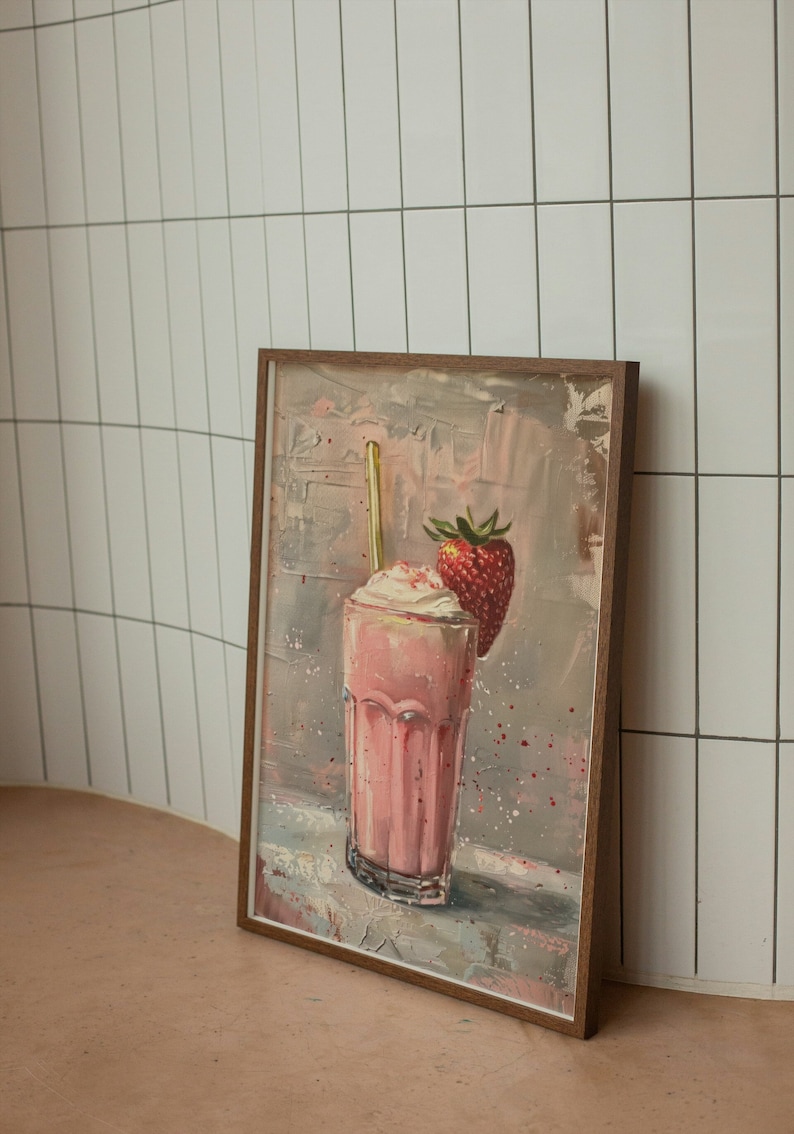 Strawberry Milkshake Smoothie Painting Wall Art Print,vintage Dessert ...