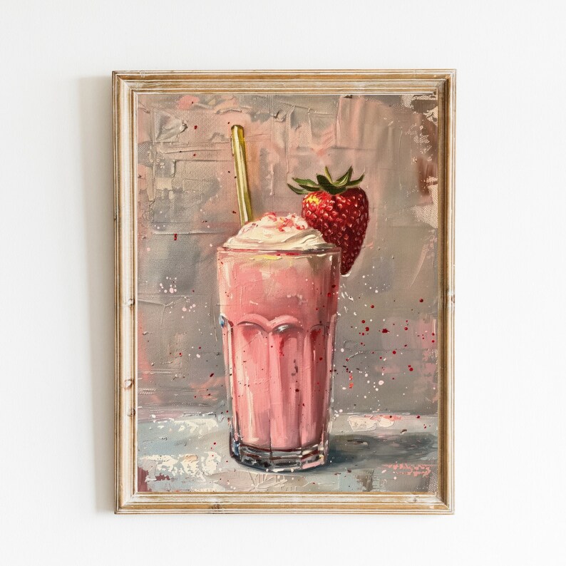 Strawberry Milkshake Smoothie Painting Wall Art Print,vintage Dessert ...