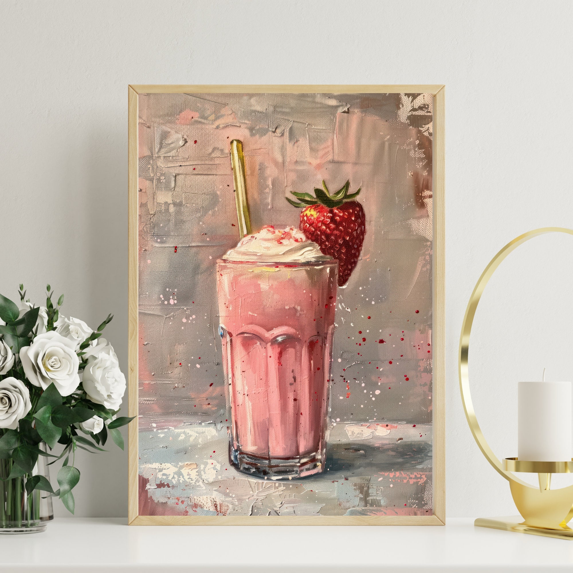 Strawberry Milkshake Smoothie Painting Wall Art Print,vintage Dessert ...