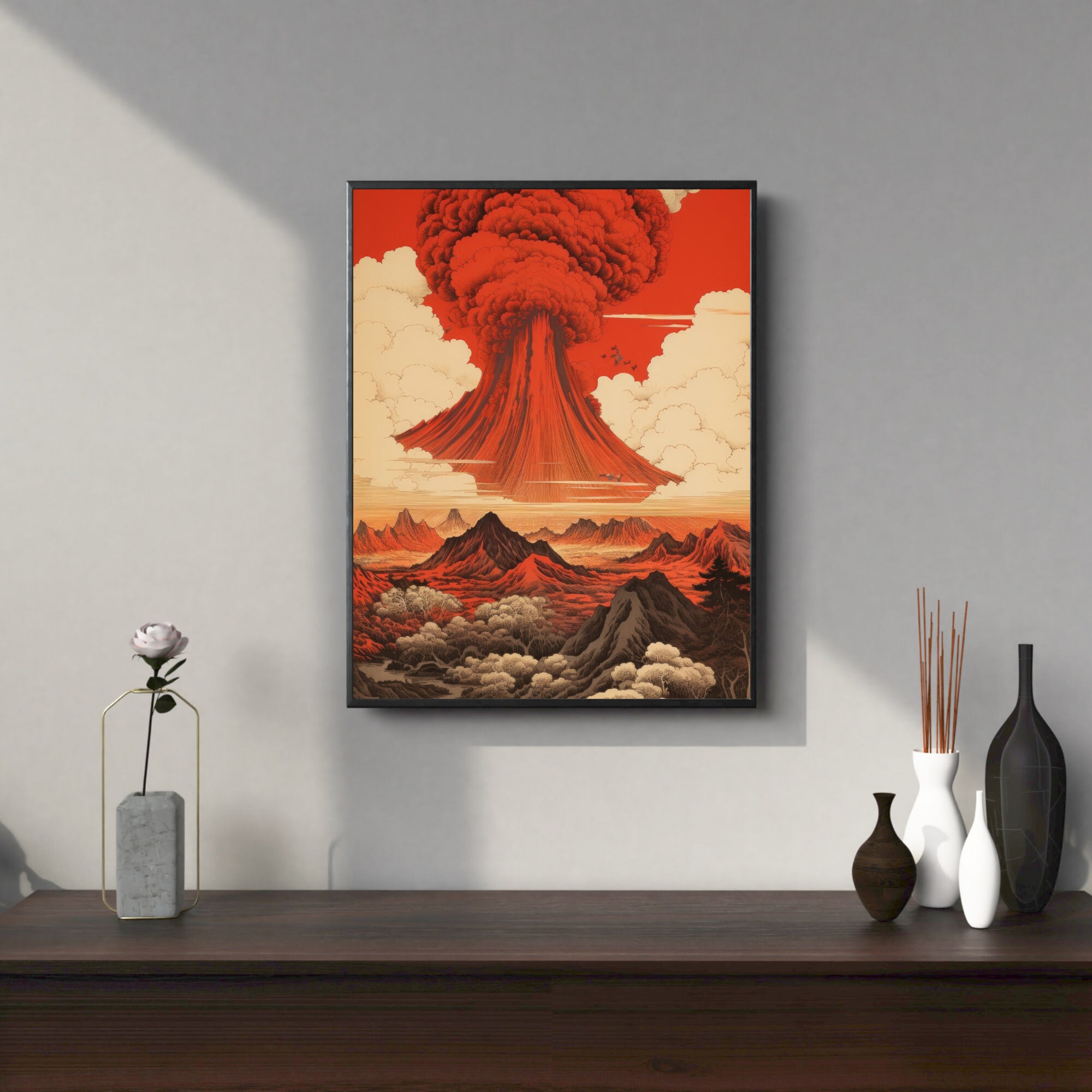 Japanese Erupting Volcano Mountain Wall Art,landscape Nature Art Print ...