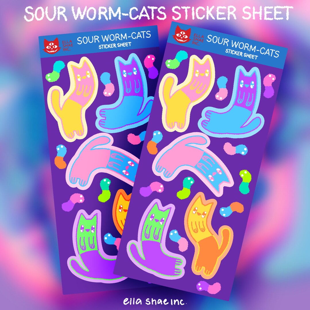 Sour Worm Cats - Stickers | Cute Stickers, Animal Stickers, Cat ...
