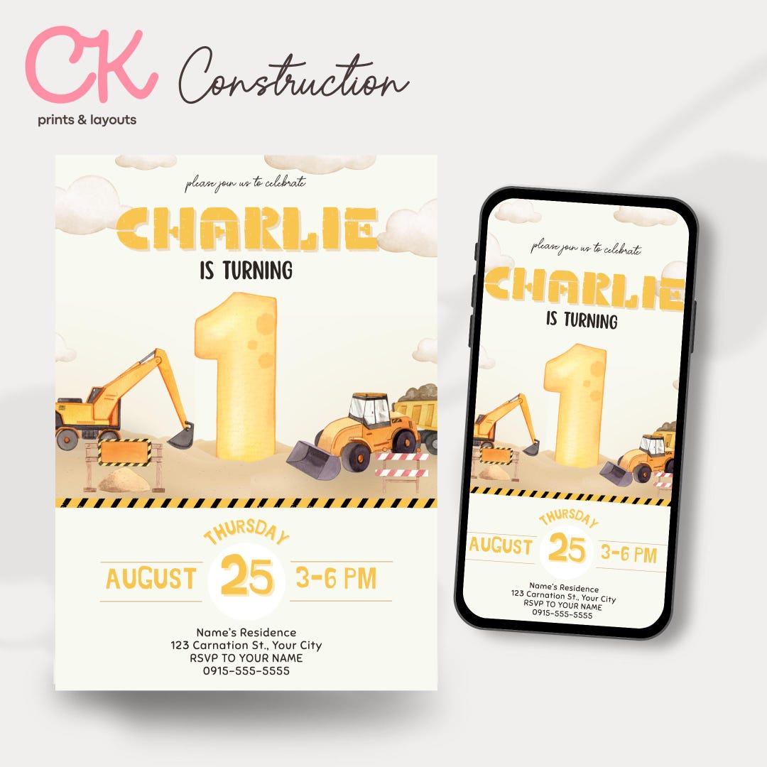 EDITABLE Construction Theme, Excavator Birthday Invitation (digital ...