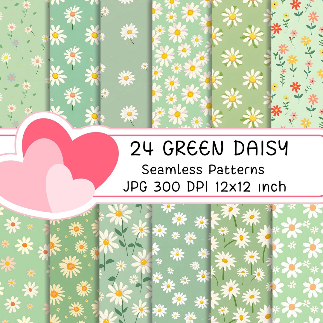 GREEN DAISY Digital Paper, Seamless Pattern, Floral Prints, Flowers ...