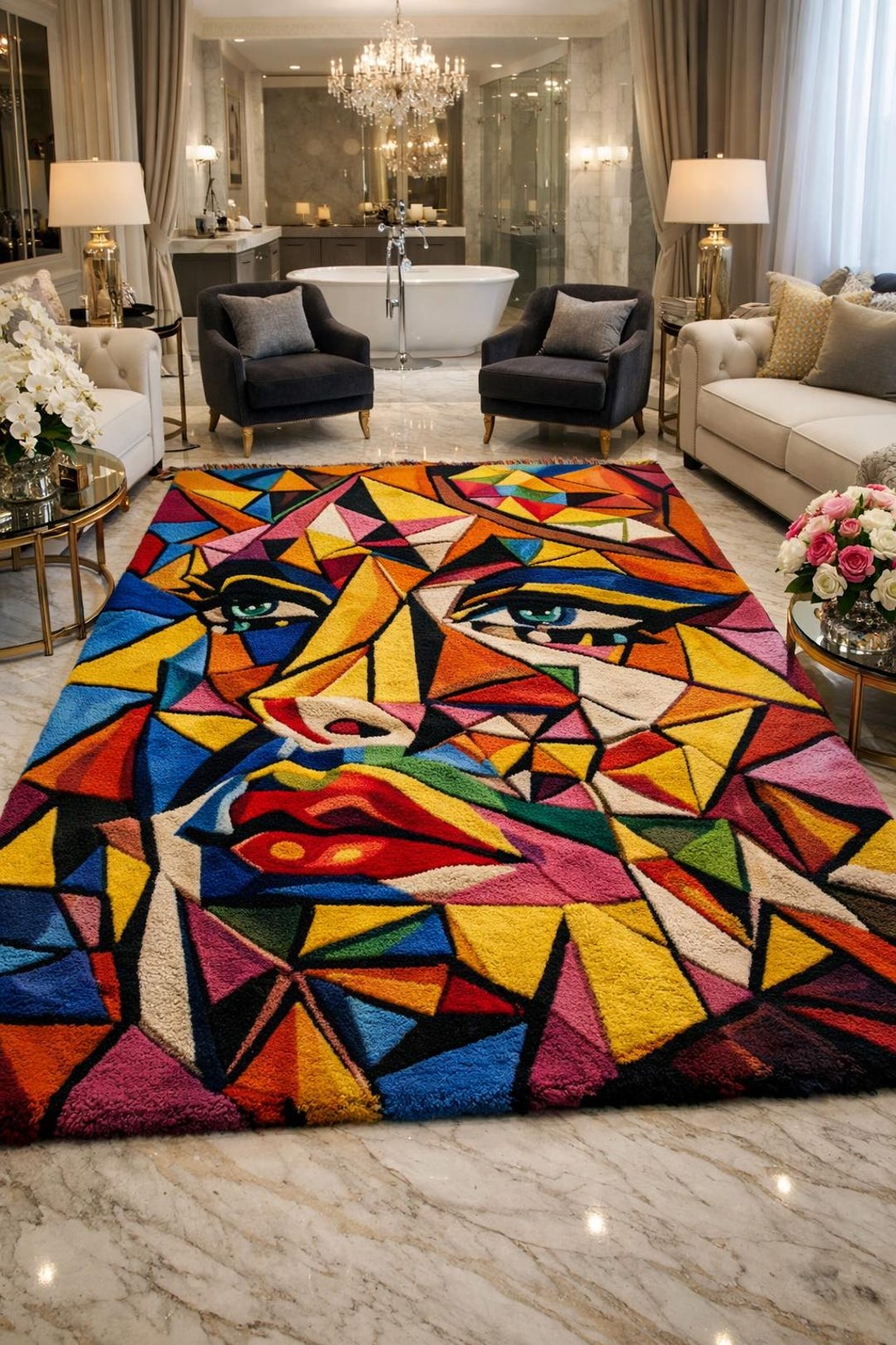 Abstract Face Wool Tufted Rug, Colorful Geometric Art - Etsy