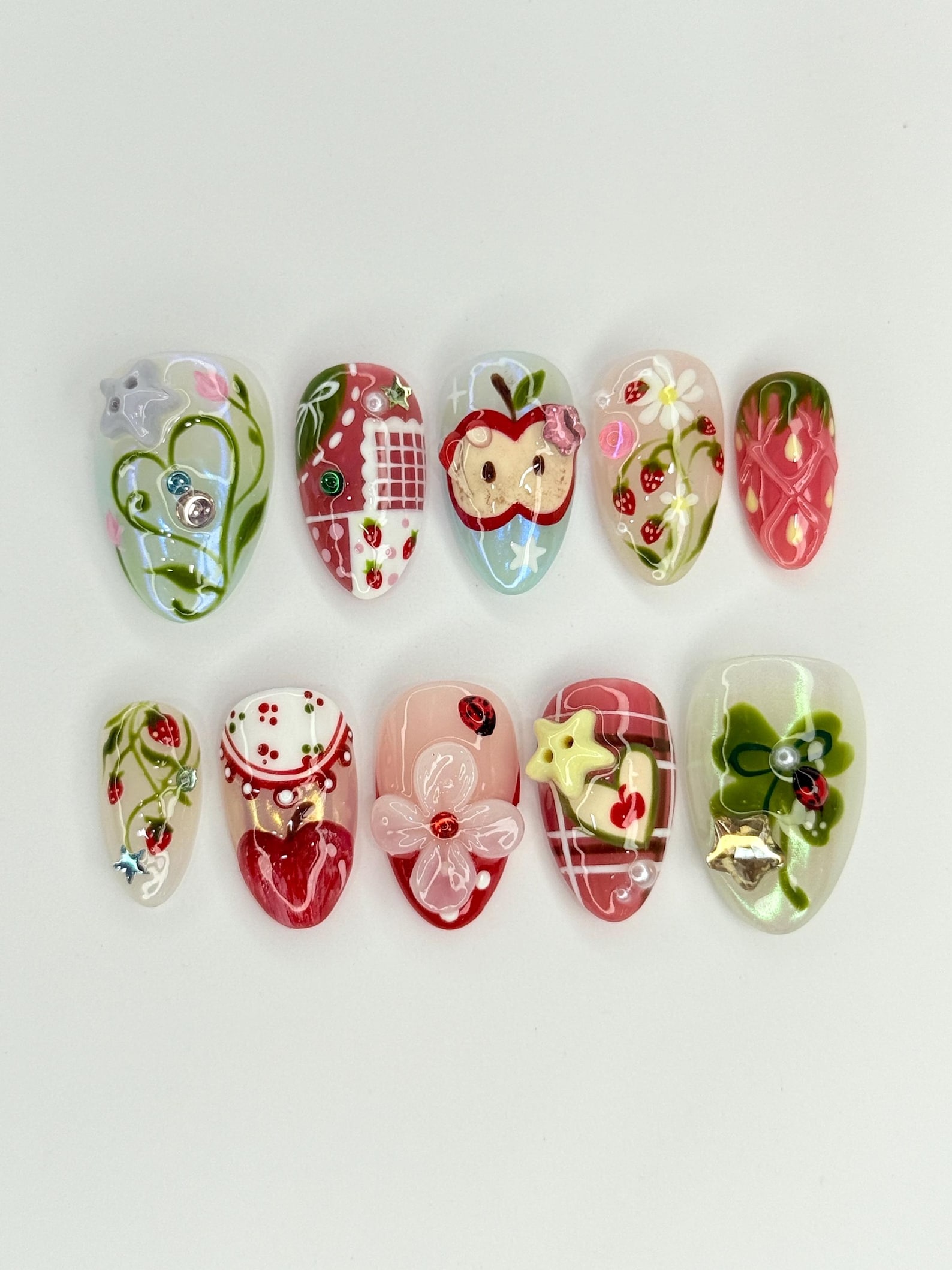 Handmade Cottagecore Press on Nails: Strawberry Apple Kawaii Nail Set ...