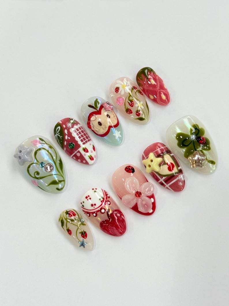 Handmade Cottagecore Press on Nails: Strawberry Apple Kawaii Nail Set ...