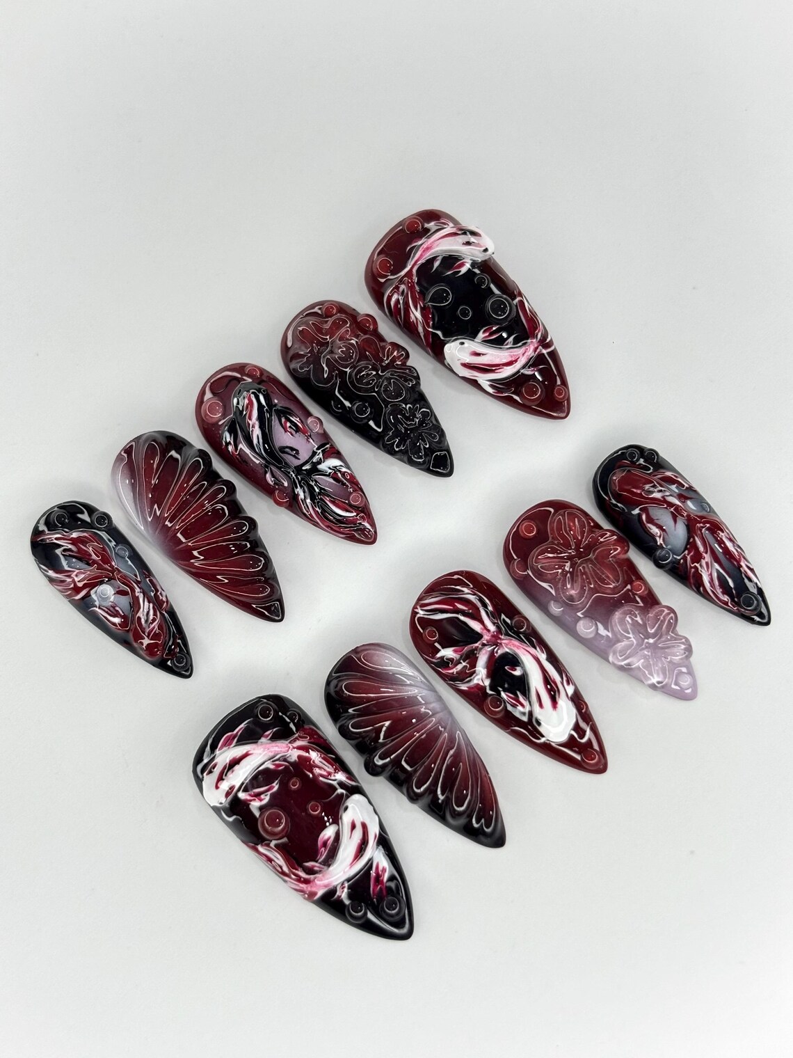 Hand-painted Koi Fish Press on Nails: Red Black Gothic Japanese Nail ...