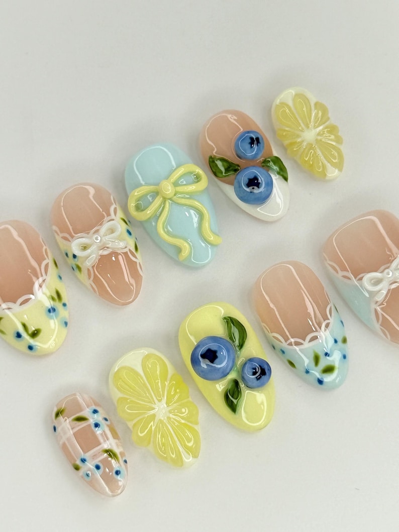 3D Fruit Nail Set: Blueberry, Lemon, Bow, Summer Nail Art - Etsy