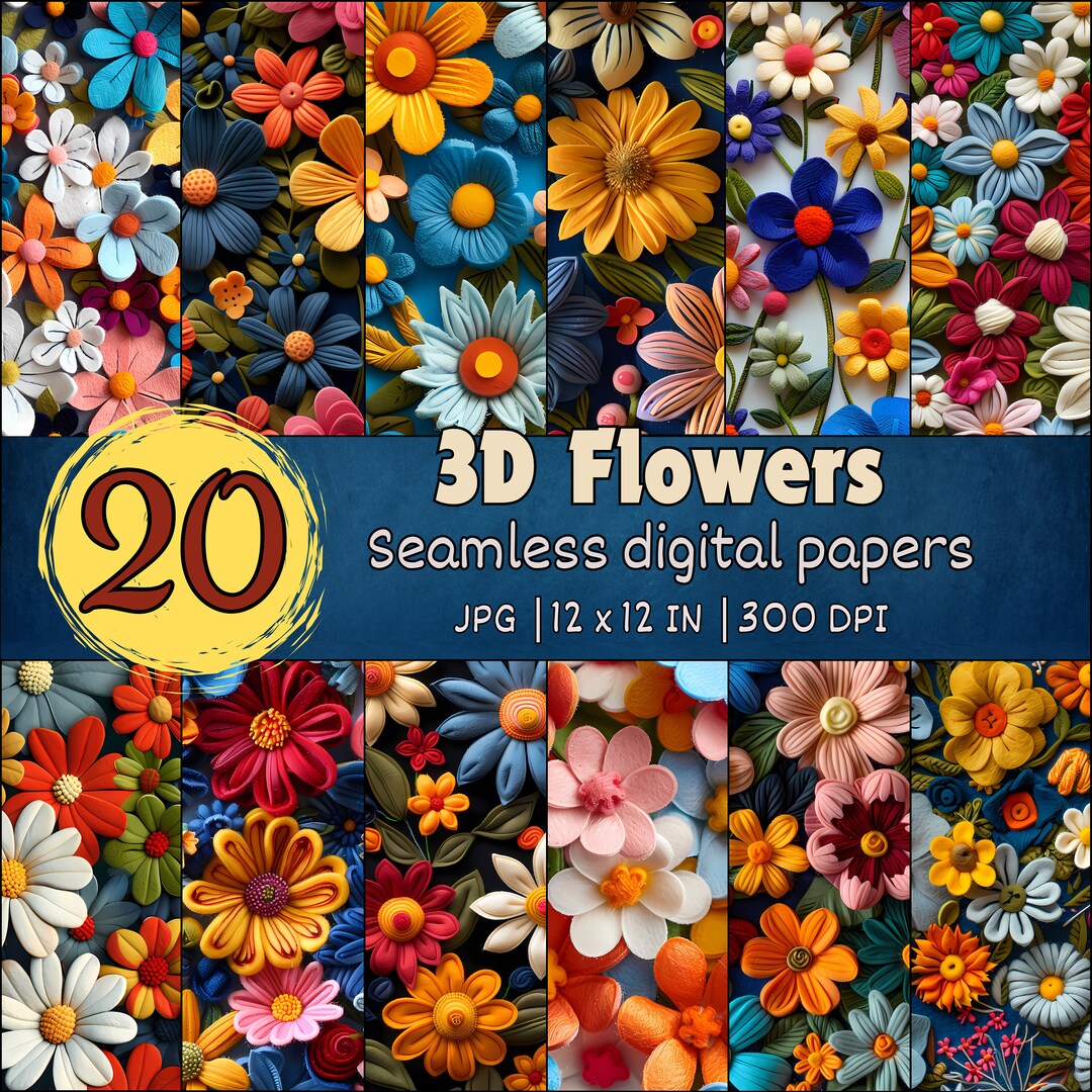 3D Flowers Seamless Pattern, 3D Floral Felt Digital Papers, 3D Floral ...