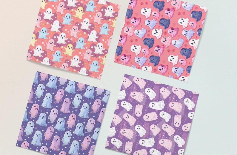 Cute Pastel Halloween Ghosts Seamless Pattern, Kawaii Ghosts Digital ...