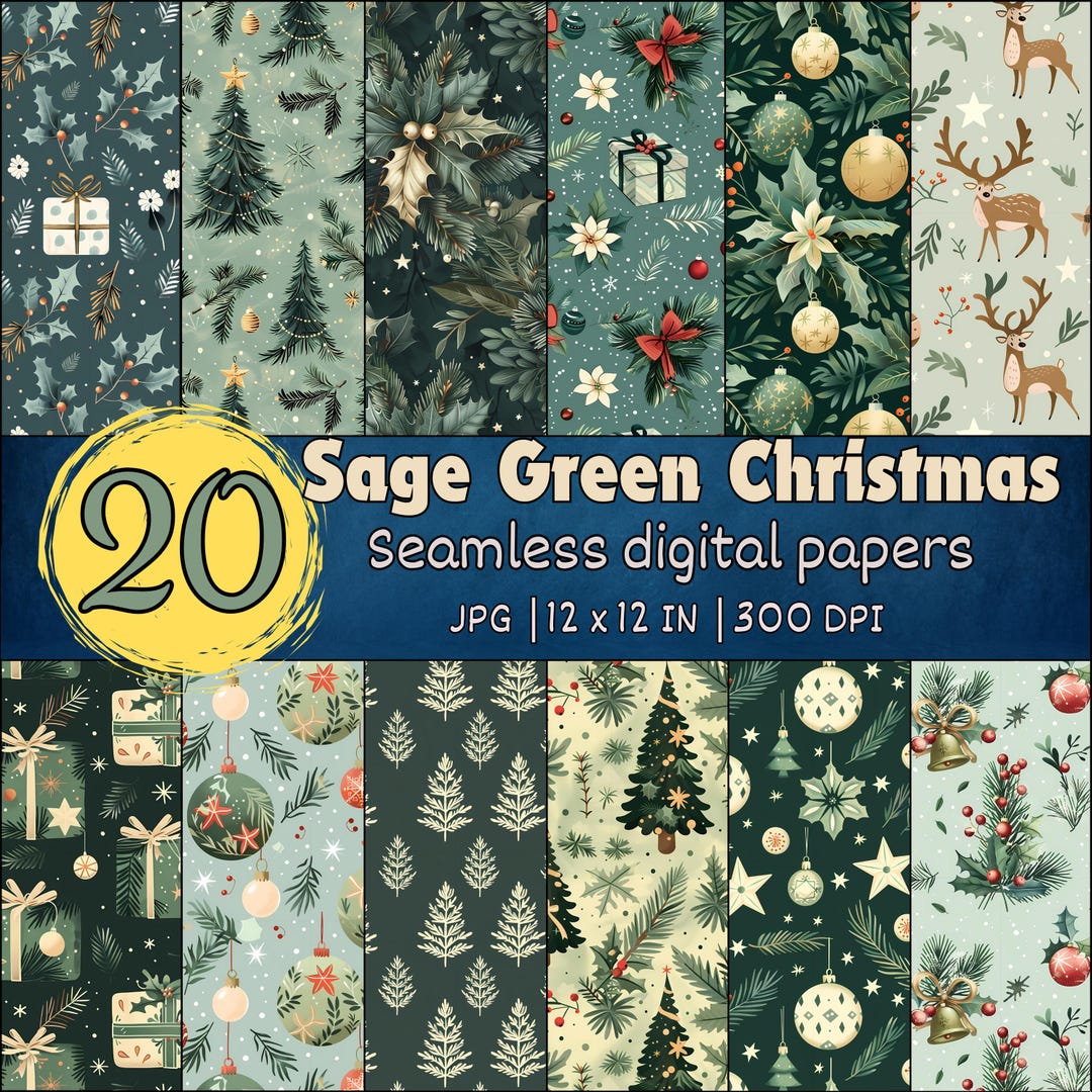 Christmas Seamless Patterns, Sage Green Xmas Digital Papers, Christmas ...