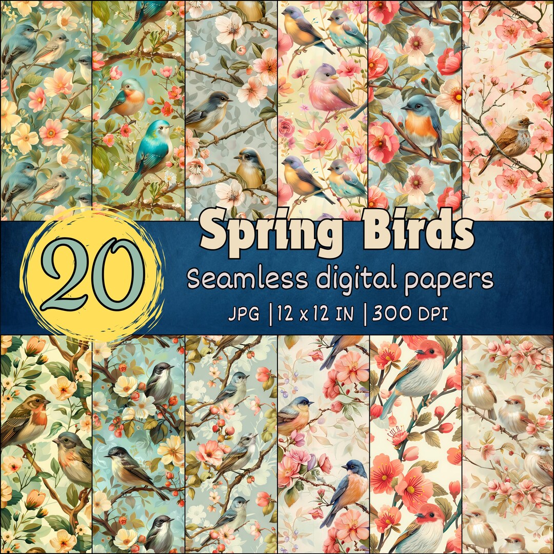Spring Bird Floral Seamless Patterns, Cute Birds Digital Papers, Soft ...