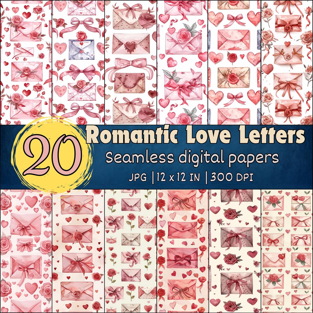 Romantic Love Letter Seamless Patterns, Valentines Day Digital Papers ...