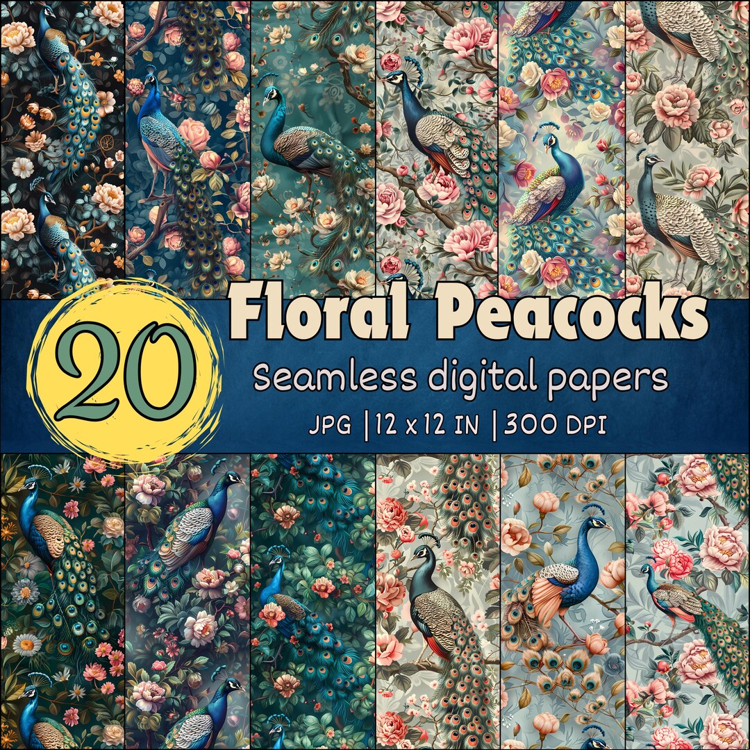 Vintage Peacock Seamless Patterns, Floral Digital Papers, Watercolor ...