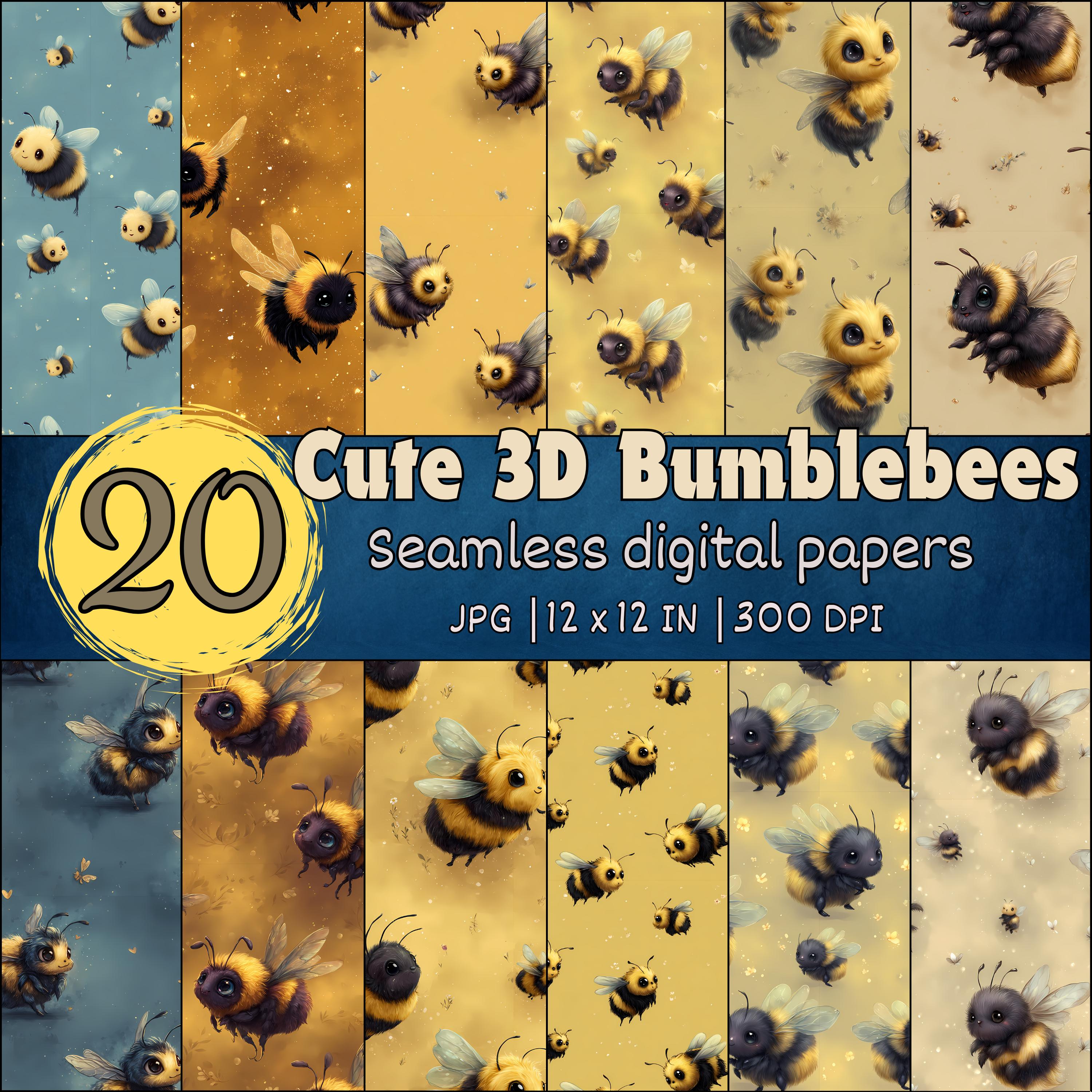 3D Bumblebee Digital Papers, Seamless Cute Bee Patterns, Yellow & Gold ...