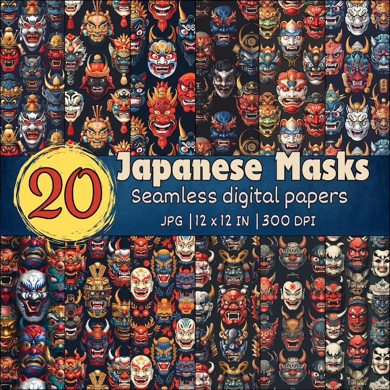 Traditional Japanese Mask Seamless Patterns, Japanese Digital Papers ...