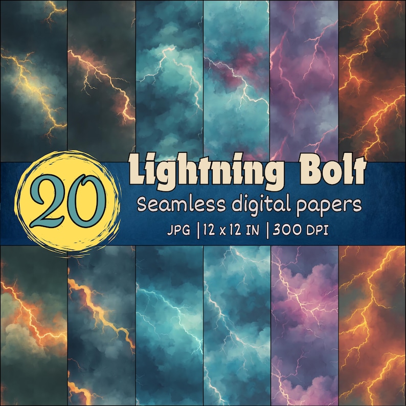 Lightning Bolt Seamless Patterns, Electric Storm Digital Paper ...