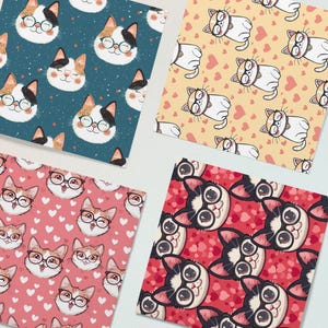 Cute Cat With Glasses Digital Papers, Kawaii Kittens Seamless Patterns ...