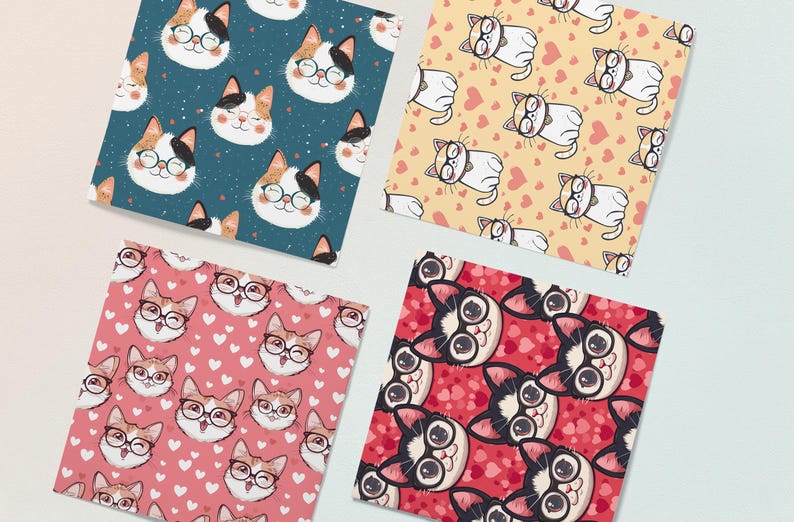 Cute Cat With Glasses Digital Papers, Kawaii Kittens Seamless Patterns ...
