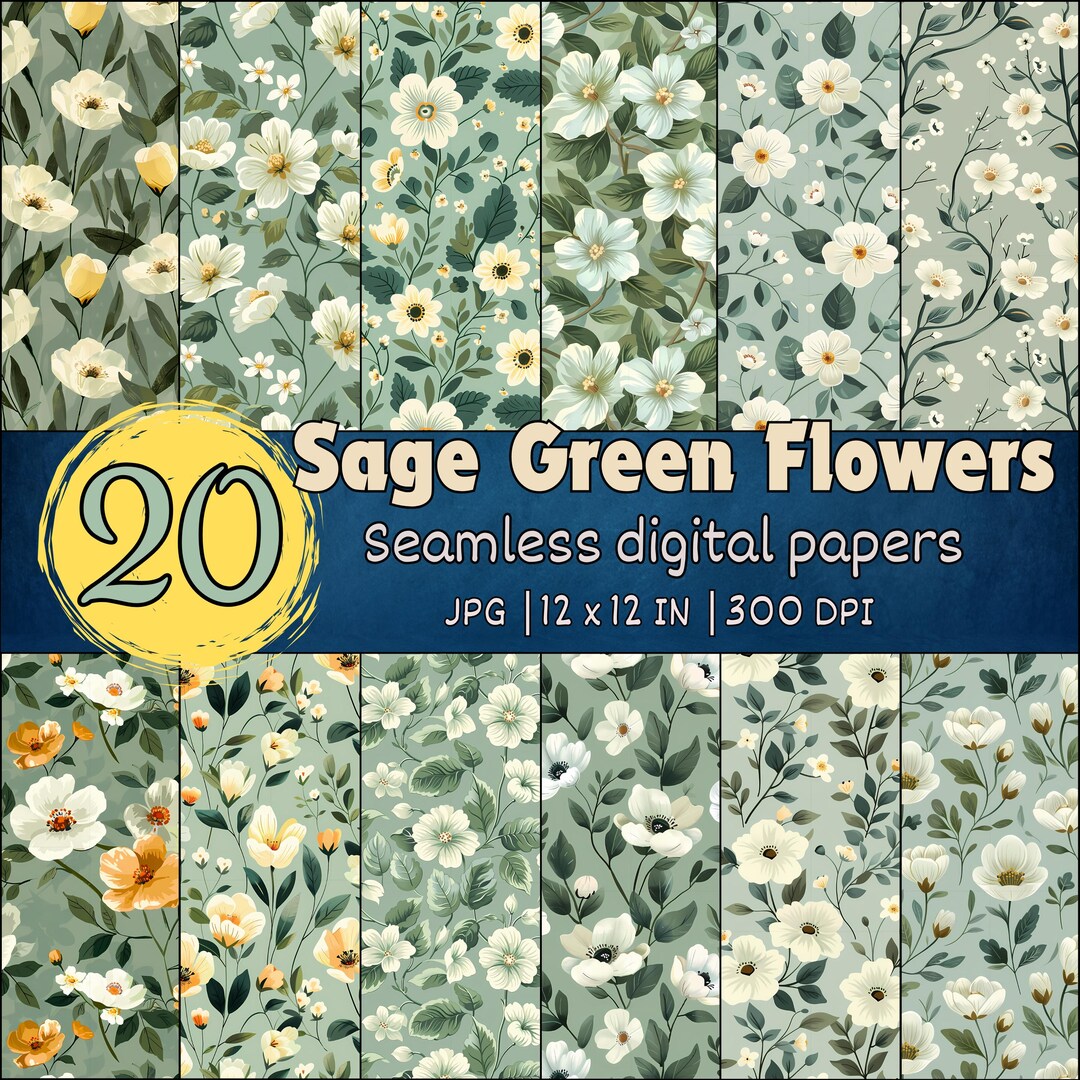 Sage Green Floral Seamless Patterns, Botanical Digital Papers, Elegant ...