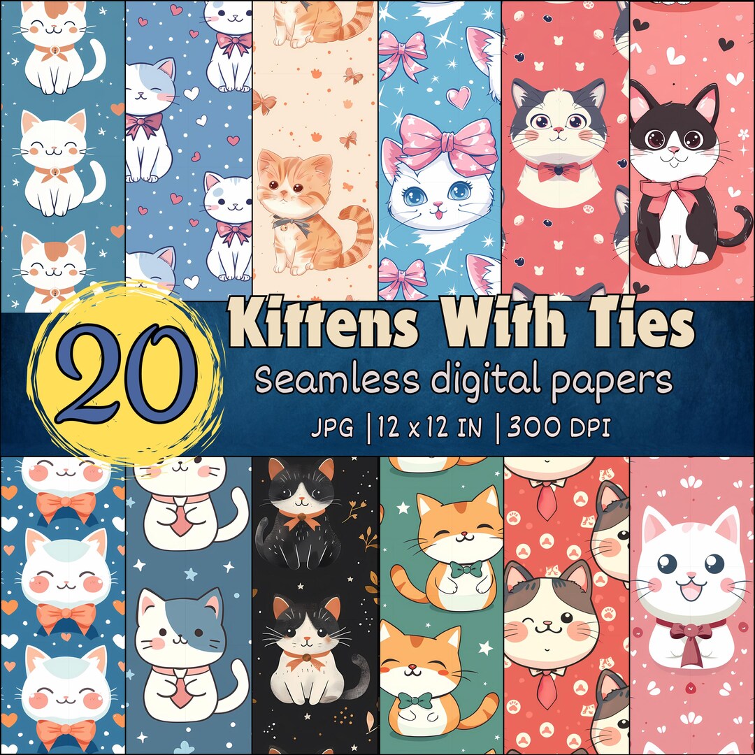 Cute Kittens With Ties Seamless Patterns, Kawaii Kittens Digital Papers ...