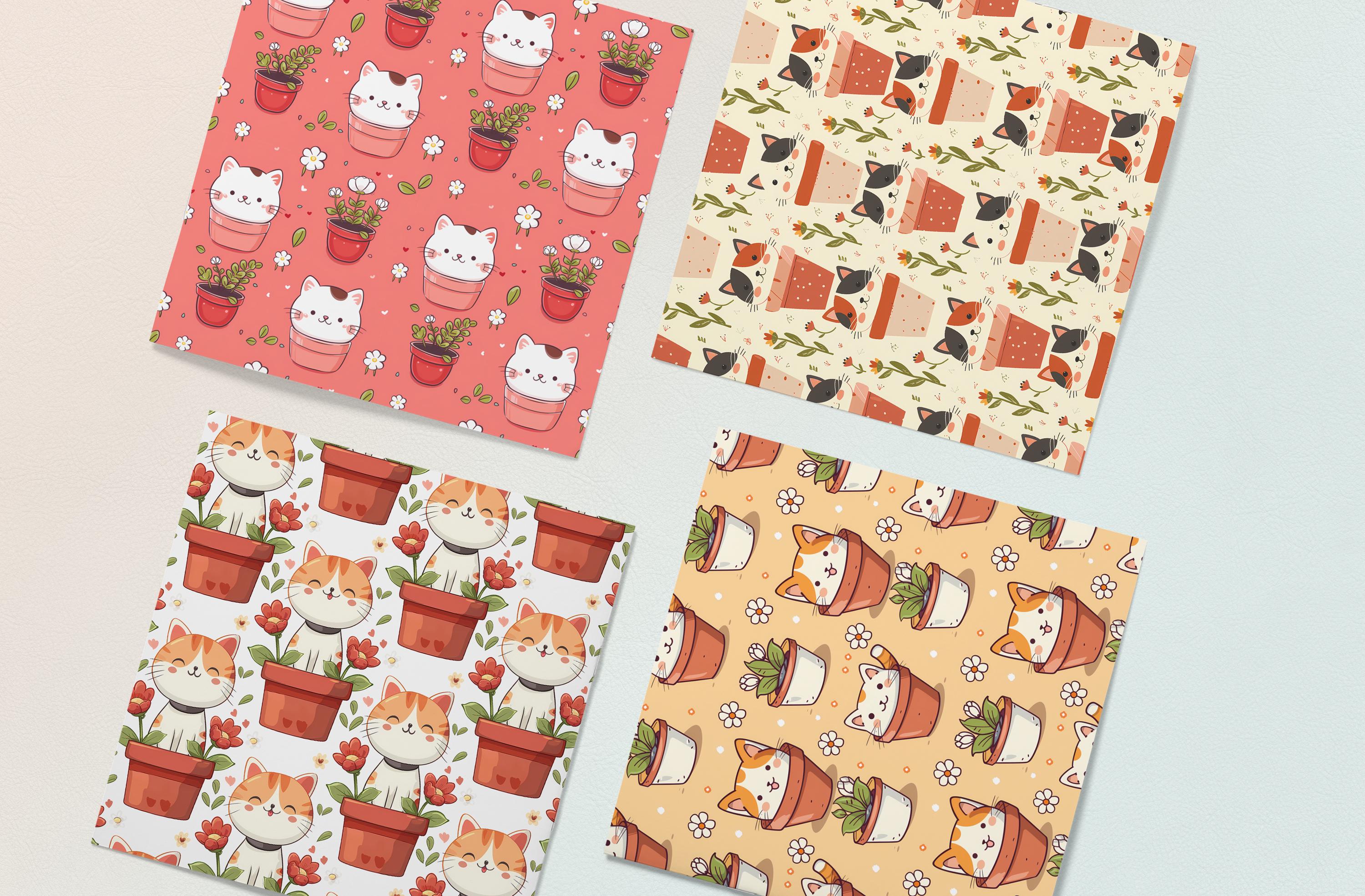 Kittens in the Pots Seamless Pattern, Cute Cats Digital Papers, Kawaii ...