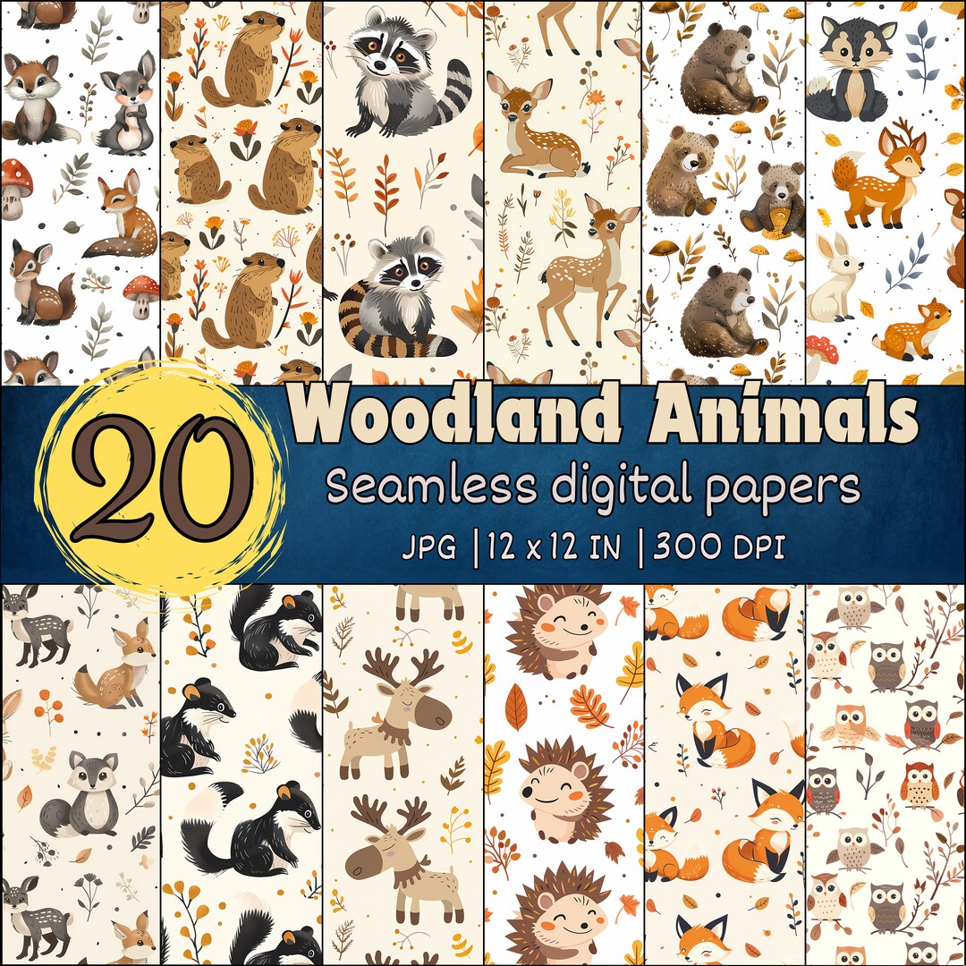 Cute Woodland Animals Seamless Pattern, Kawaii Forest Animals Digital ...