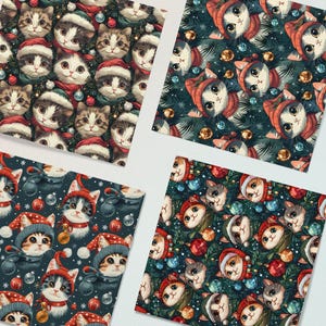 Cute Christmas Kittens Seamless Patterns, Festive Cat Digital Papers ...