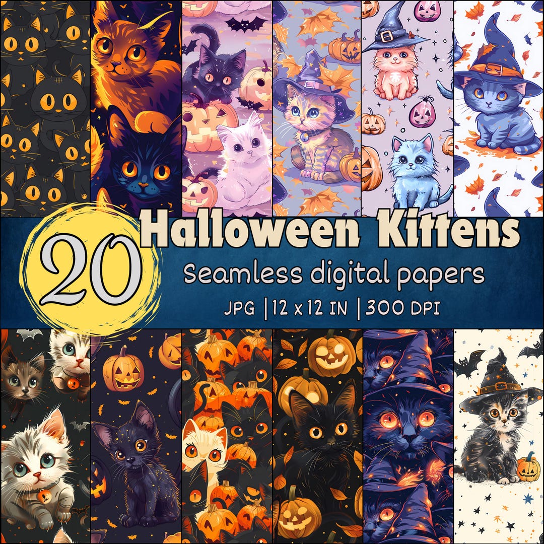 Cute Halloween Kittens Seamless Patterns, Cute Cat Digital Papers ...