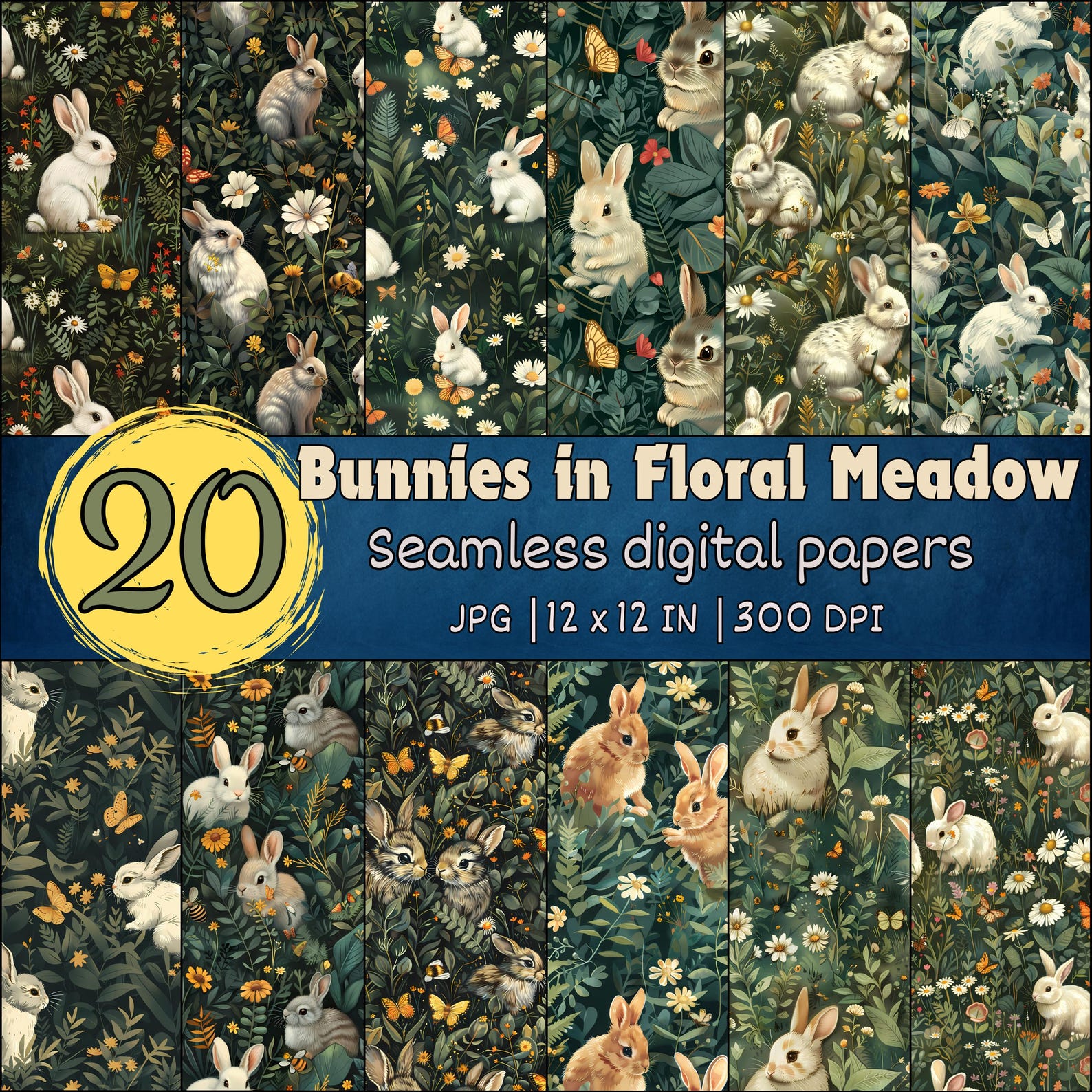 Spring Meadow Bunny Seamless Patterns, Floral Rabbit Digital Papers ...
