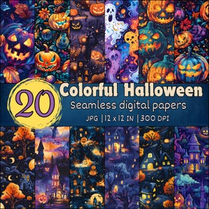 Colorful Halloween Seamless Patterns, Spooky Halloween Digital Papers ...