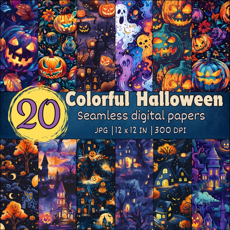 Colorful Halloween Seamless Patterns, Spooky Halloween Digital Papers ...