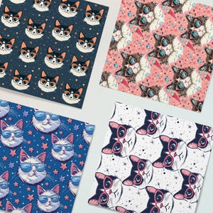 Cute Cat With Glasses Digital Papers, Kawaii Kittens Seamless Patterns ...